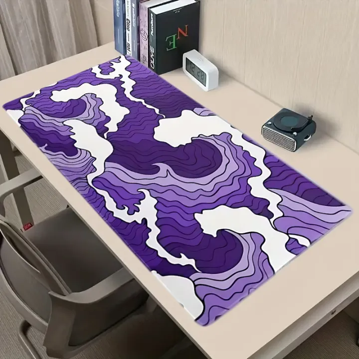 Purple and white ocean print gaming mouse pad, 2mm non-slip rubber sewn ...