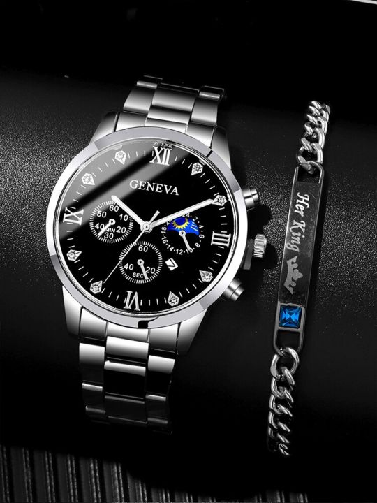 2PCs Men's Fashion Business Calendar Round Steel Band Quartz Watch ...