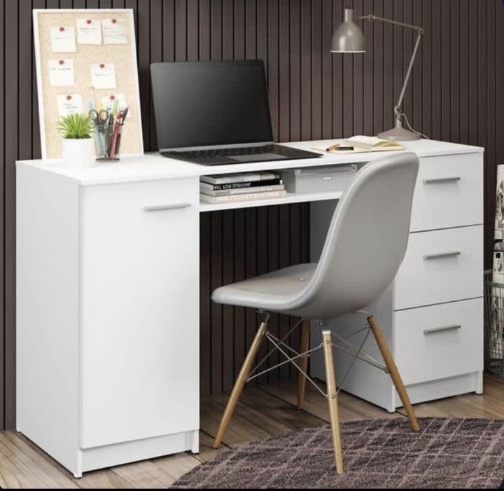 RJ Mart White Office Desk with 3 Drawers, 1 Side Cabinet, and Center ...