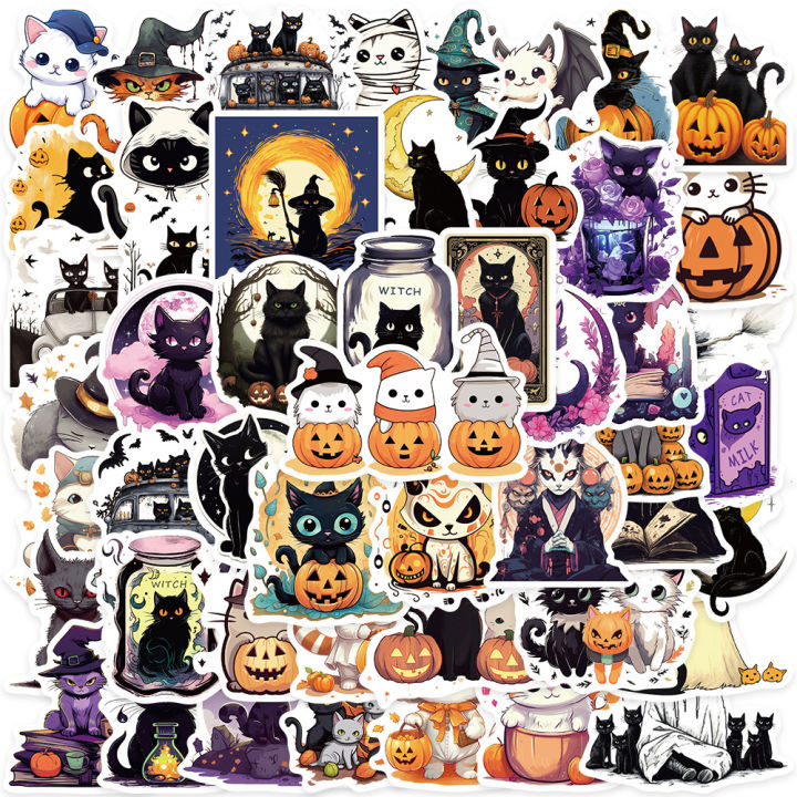 50PCS Halloween Cat Graffiti Stickers Cute Cat Cartoon Decal Notebook ...