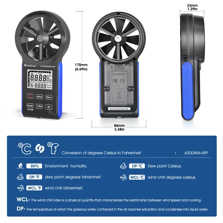HoldPeak Smart Touch Screen Anemometer 6000-WM-APP Digital Bluetooth ...