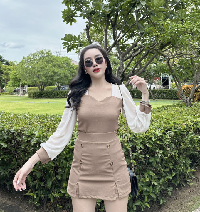 Ready to ship wool wave heart long sleeve chiffon shirt + pants wooden button skirt (F72,F73 ...