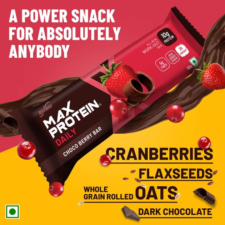 RiteBite Max Protein Daily Choco Berry 10g Protein Bar, 100% Veg, for ...