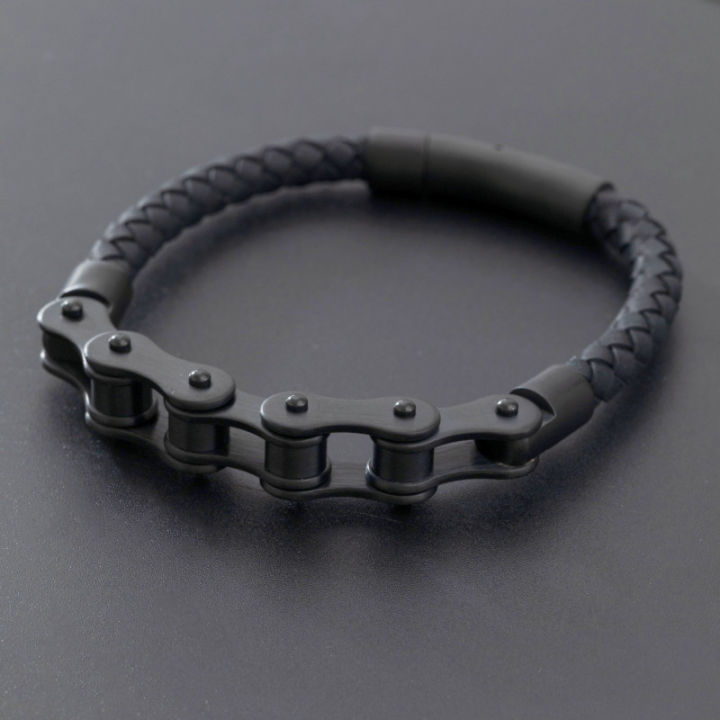 Retro Punk Bicycle Chain Hand Woven Leather Bracelet with Metal Buckle ...