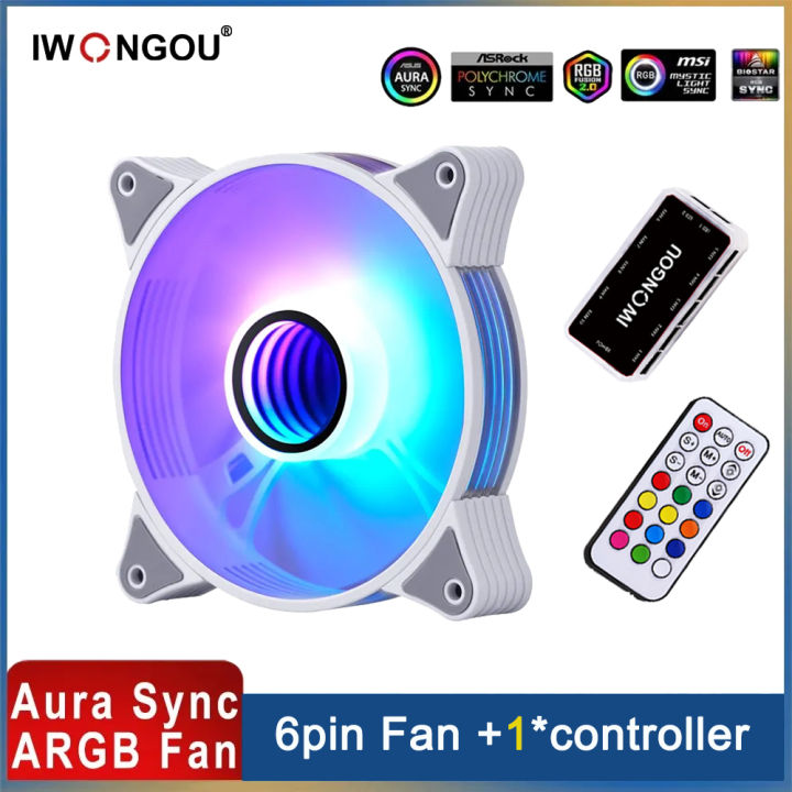 IWONGOU AR12 White 120mm PC Computer Case Fan Cooling Cooler 6PIN Adjustable RGB Led 12cm Mute ...