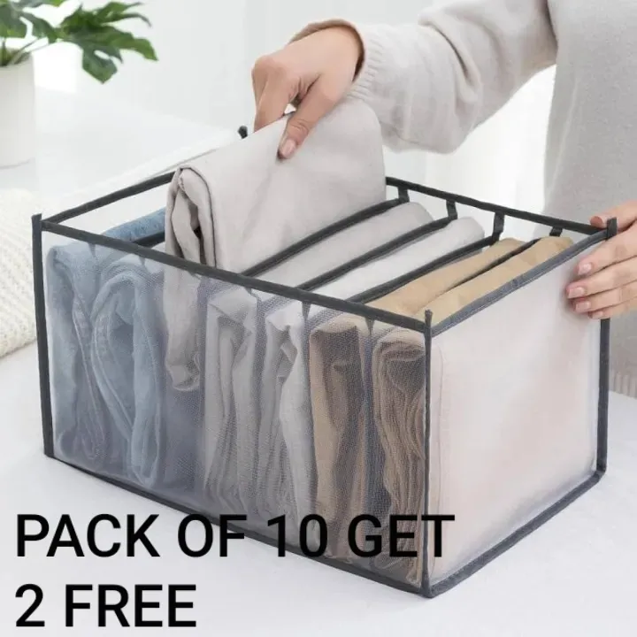PACK OF 10 GET 2 free Pant Organizer 7 Grid Washable Wardrobe Clothes ...