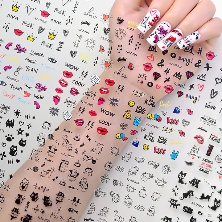 30pcs/set 3D Cartoon Cat Nail Art Stickers Black Graffiti Animal Bow ...