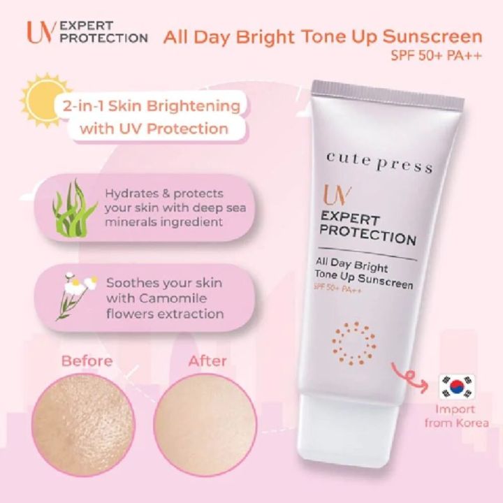 Cute Prees UV expert protection all day bright tone up Sunscreen SPF 50 + PA ++ 30g. | Shop.com.mm