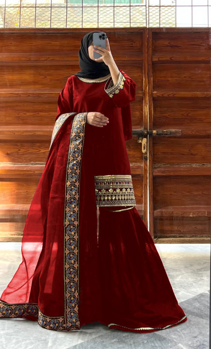 Fancy Garara Dress - Zari Embroidery Short Shirt Garara Suit 3Pcs ...