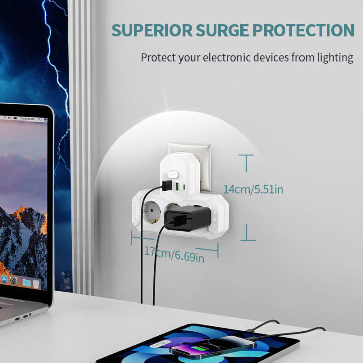 EU AC Plug Power Strip 3 sockets 2USB and 2Type-C port Wall Mounted ...