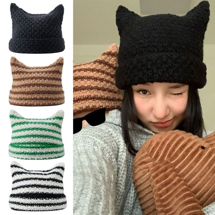 Y2K Harajuku Punk Gothic Knitted Cat Ear Little Devil Hat Millennium ...