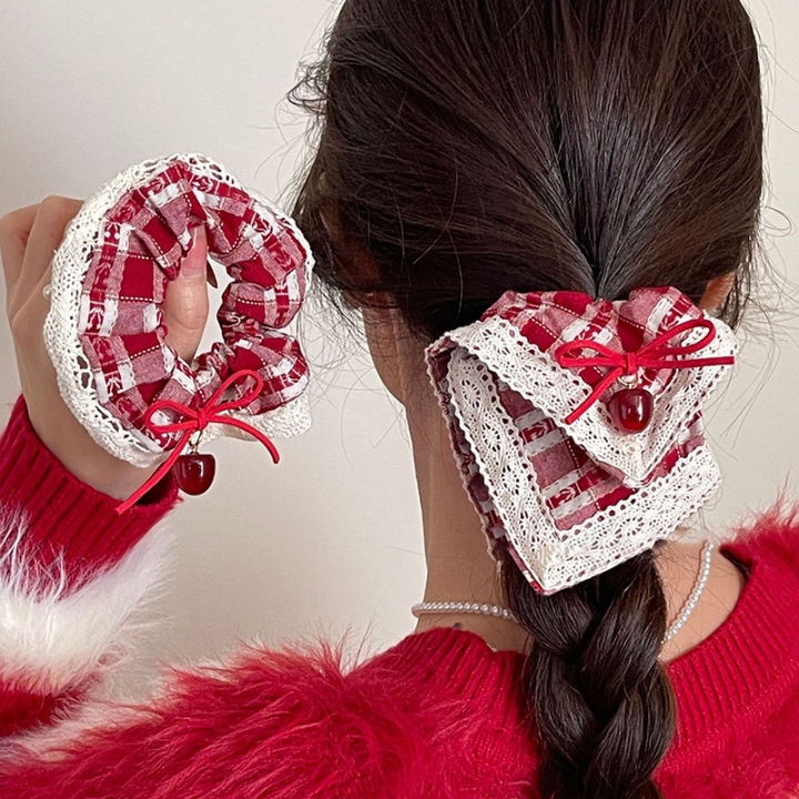 1Pcs Women's Scrunchies Sweet Style Red Check Cherry Scrunchie Lace ...
