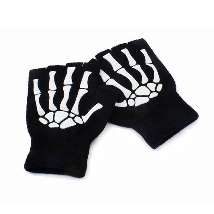 New Punk Gloves Unisex Halloween Skeleton Skull Half Finger Gloves Glow ...