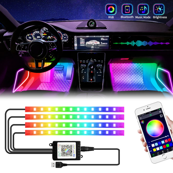 LED Car Interior Ambient Foot Light with USB Wireless Remote Music App ...