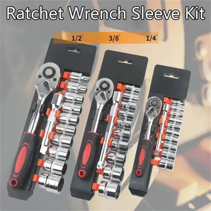 12pcs Socket Ratchet Handle Wrench Set 1/4 3/8 1/2 Spanner Kit With Extension Rod and 10 Common ...