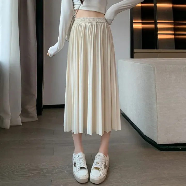 Pleated Skirt Elegant Chic Korean Elastic Waist Mid-Calf Skirts 2023 ...