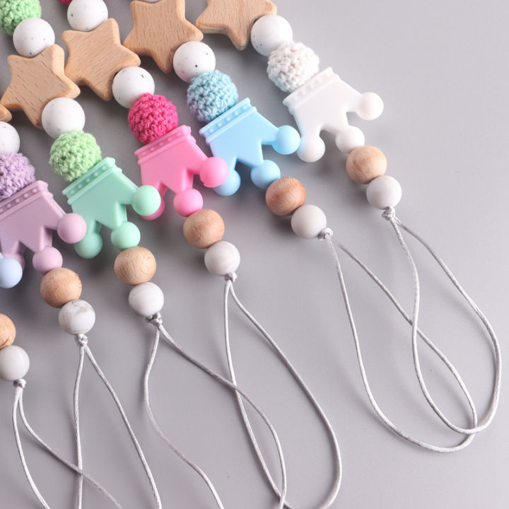 Baby Pacifier Chain Clips Wood Pentagram Teether Silicone Round Beads ...