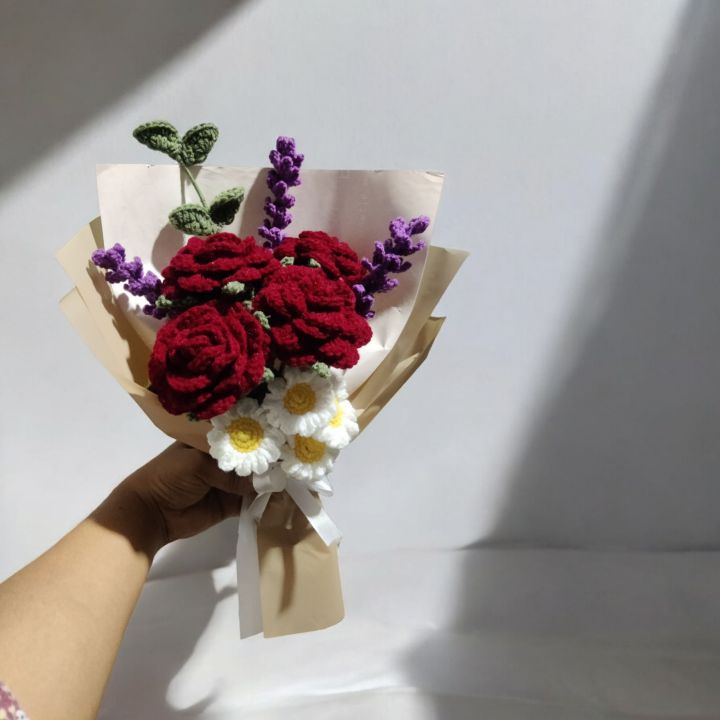Handmade Red Rose With Daisies And Lavender Flower Bouquet | Daraz.com.np