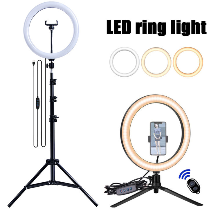 33cm LED Selfie Ring Light Photography Lights Warm Cold Lamp With Tripod Dimmable USB Ringlight ...