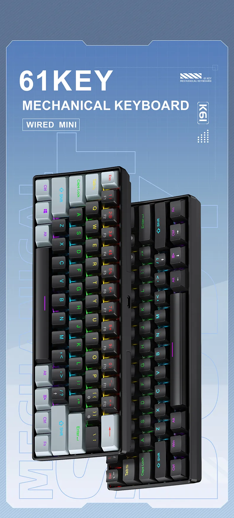 61 Keys Mechanical Keyboard Wired,APAYADO K61 RGB 60% Portable Mini ...
