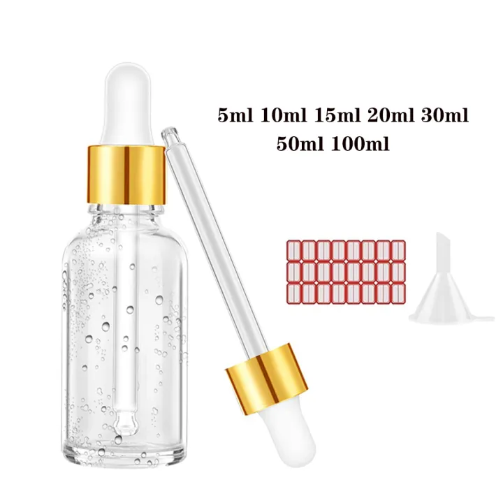 1 Piece Clear Glass Dropper Bottle with Label and Funnel Gold Cap Empty ...