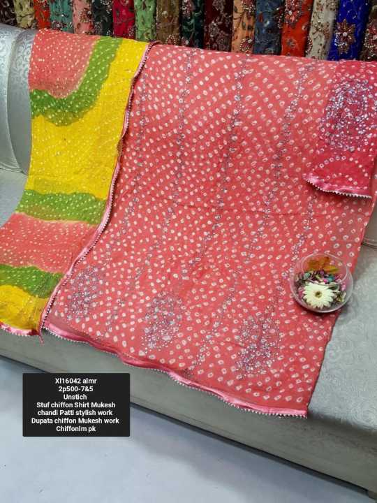 W Chiffon Shirt Mukesh chandi Patti stylish work Dupata chiffon Mukesh ...