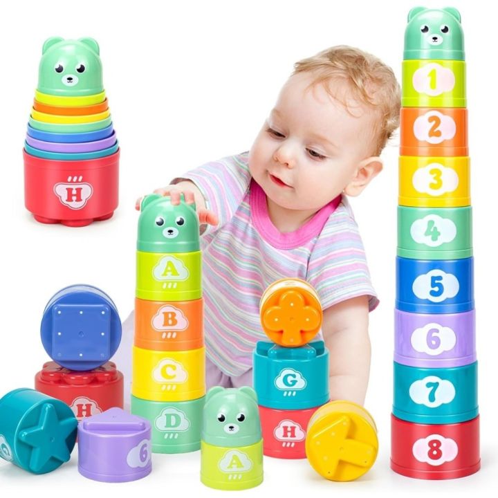 9PCS Stacking Cups Early Education Puzzle Stackable Rainbow Tower with ...