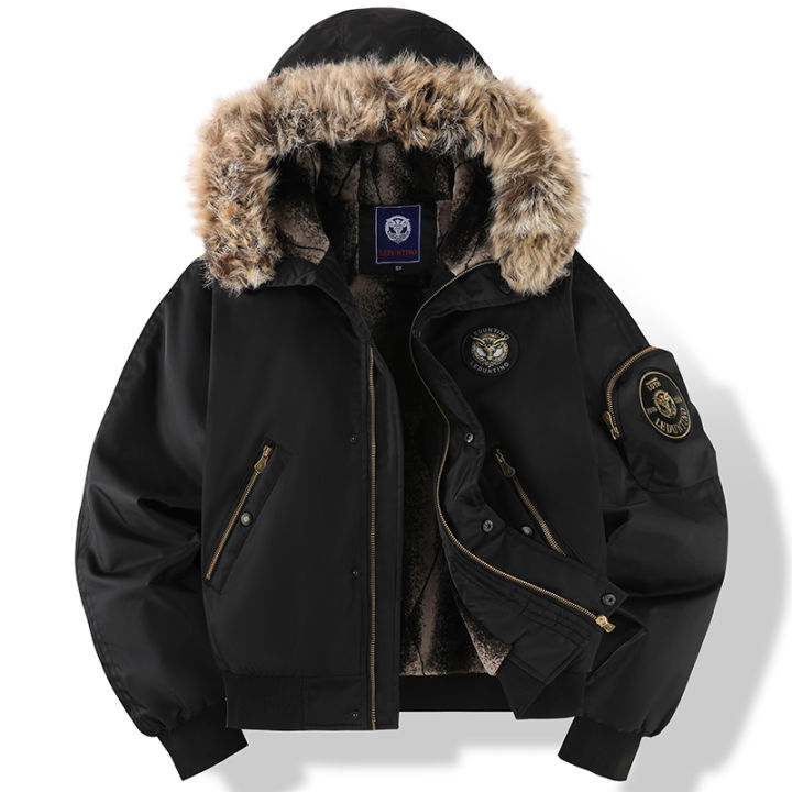 Men's Winter Black Aviator Jacket with Detachable Faux Fur Trimmed ...