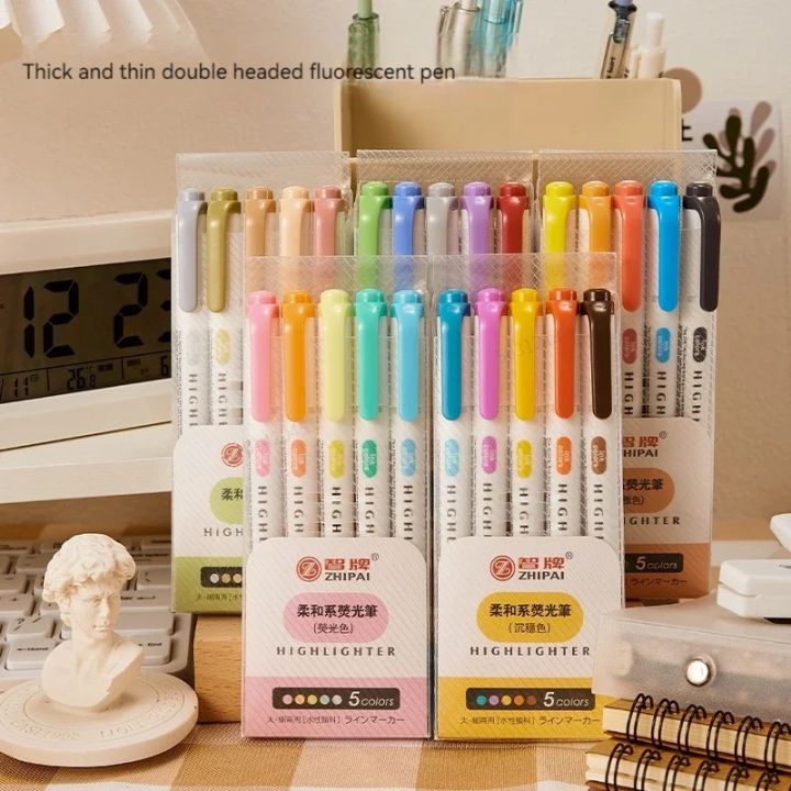 5 Colors/box Double Headed Highlighter Pen Set Fluorescent Drawing ...