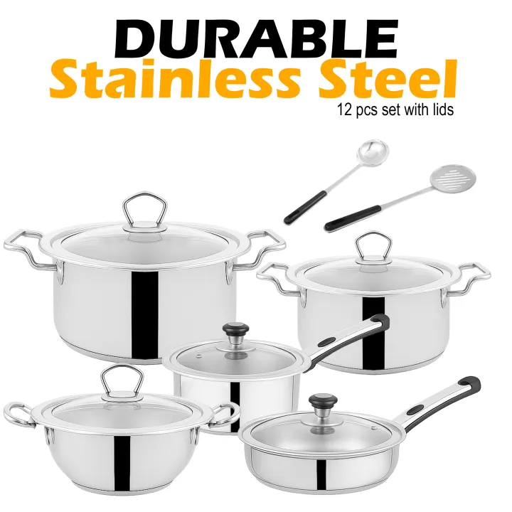Alpha Stainless Steel 12-Piece Cookware Set – Double Bottom Pots & Pans ...
