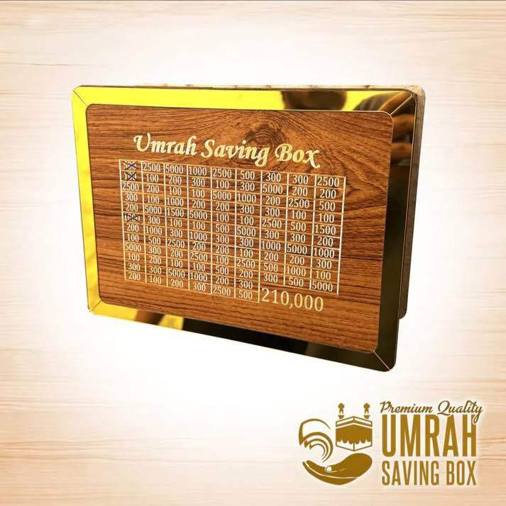 Acrylic Golden Umrah Saving Wooden Box | Islamic Money Saving Box for ...