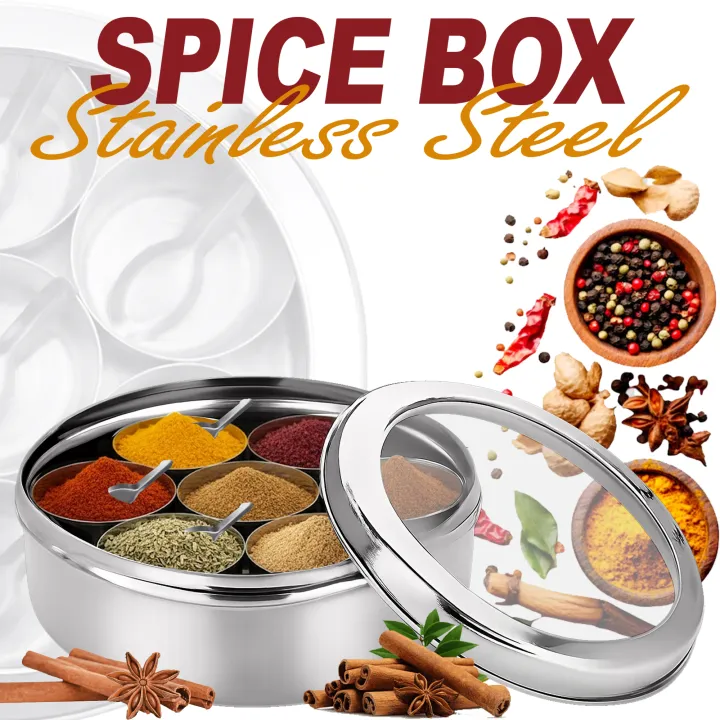Heavy Weighted Eastern Stainless Steel Masala Box Glass Lid – Hygienic ...