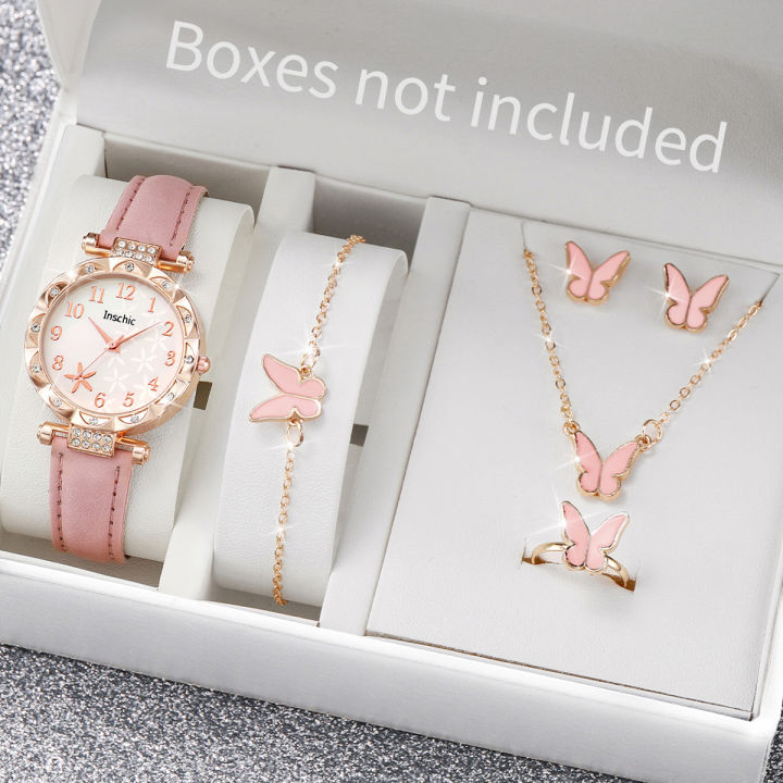 6PCS/Set Women's Watch Fashion Flowers Leather Band Analog Quartz ...