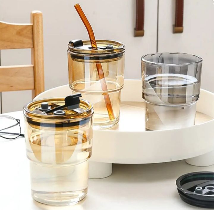 380ml Slub Glass Tumbler with Straw, Lid & Leather Sleeve, Leather ...