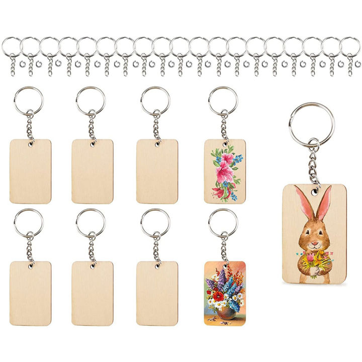30pcs Wood Keychains Blanks Rectangle Wooden Ornaments Blank Key Ring Jump Rings for DIY ...