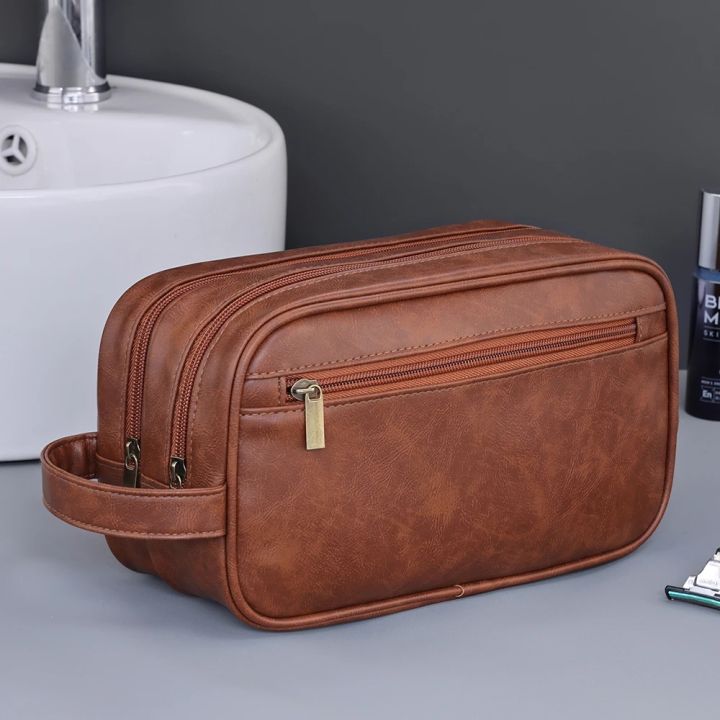 PU Leather Toiletry Bag for Men Double-Layer Travel Wash Organizer Dopp ...
