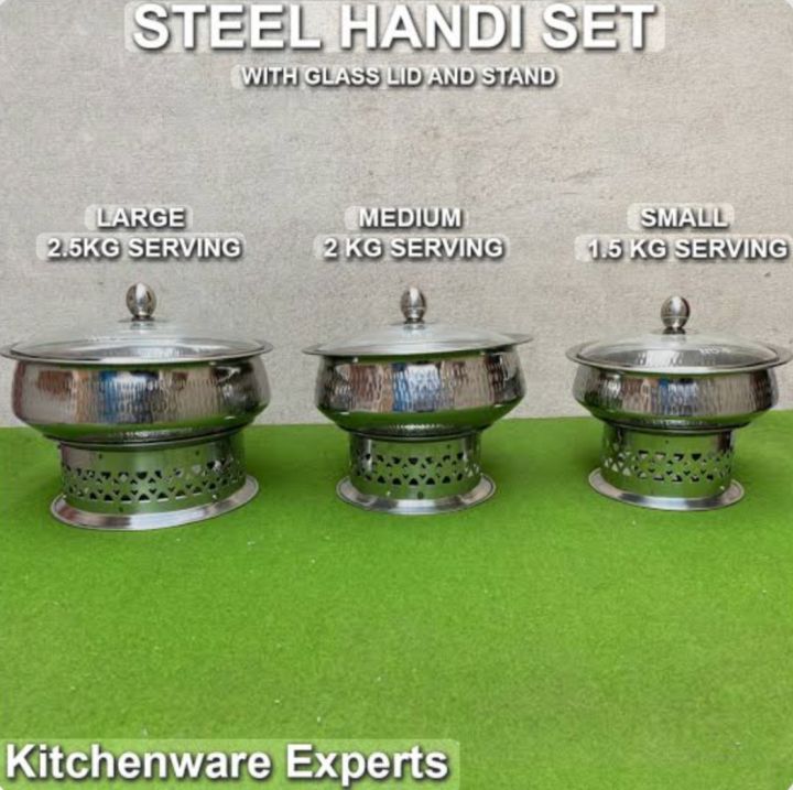 Stainless Steel Handi Set THREE PIECES With Stand and Glass Lid 1.5KG ...