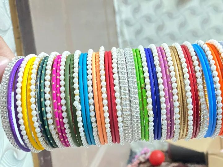 multi bangles with white pearls bangles +2 stone kade . colour ...