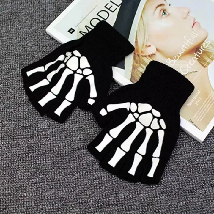 1/2/4/5/6pair Halloween Style Gloves Luminous Horror Skull Bone ...
