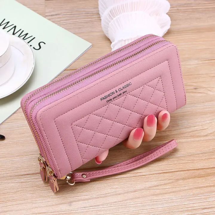 Wallets for Women High Quality Long Pink Wallets Double Zipper PU ...