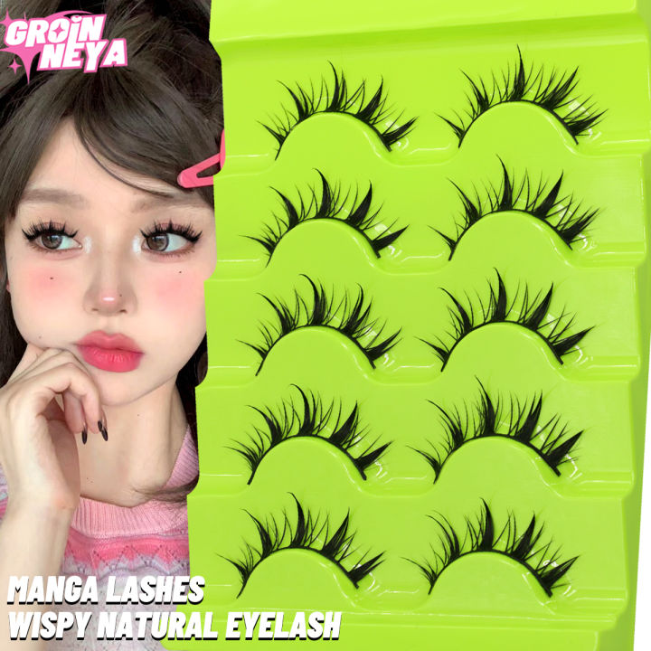 GROINNEYA 5 Pairs Manga Lashes 3D Natural False Lashes Soft Cross Wispy Eyelashes Natural 3d ...