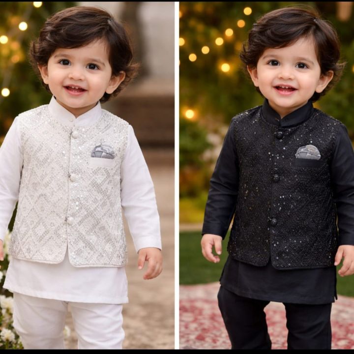 kurta shalwar koti (waistcoat) suit for boys black and white newborn ...