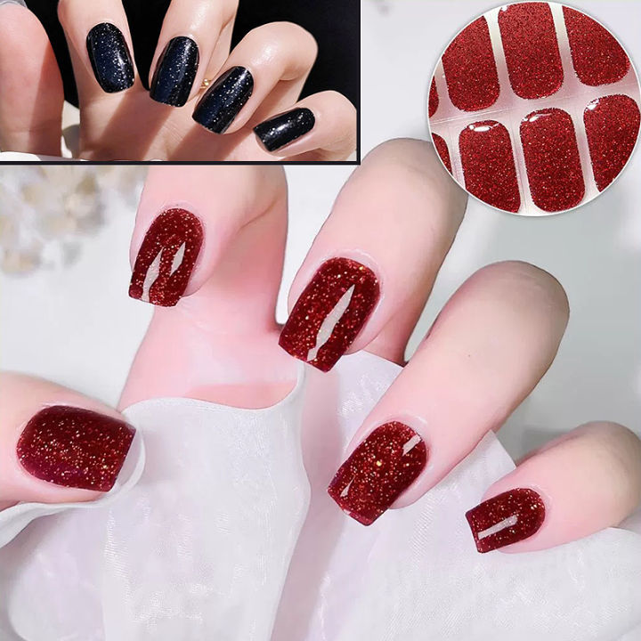 16 Tips UV Semi Cured Nail Stickers Gel Nail Polish Wraps Full Cover ...