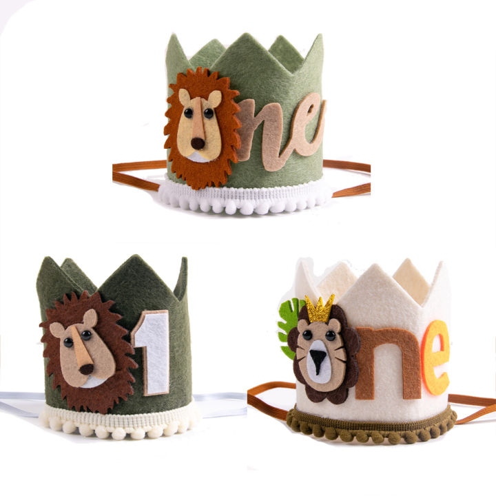 Jungle Safari Animal Lion One 1 Year Birthday Crown Headband Hat Happy ...
