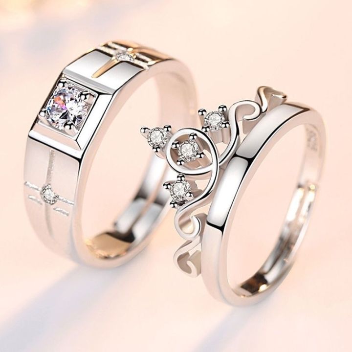 Luxury Zircon Couple Paired Rings for Women Men Shiny Crown Flower ...