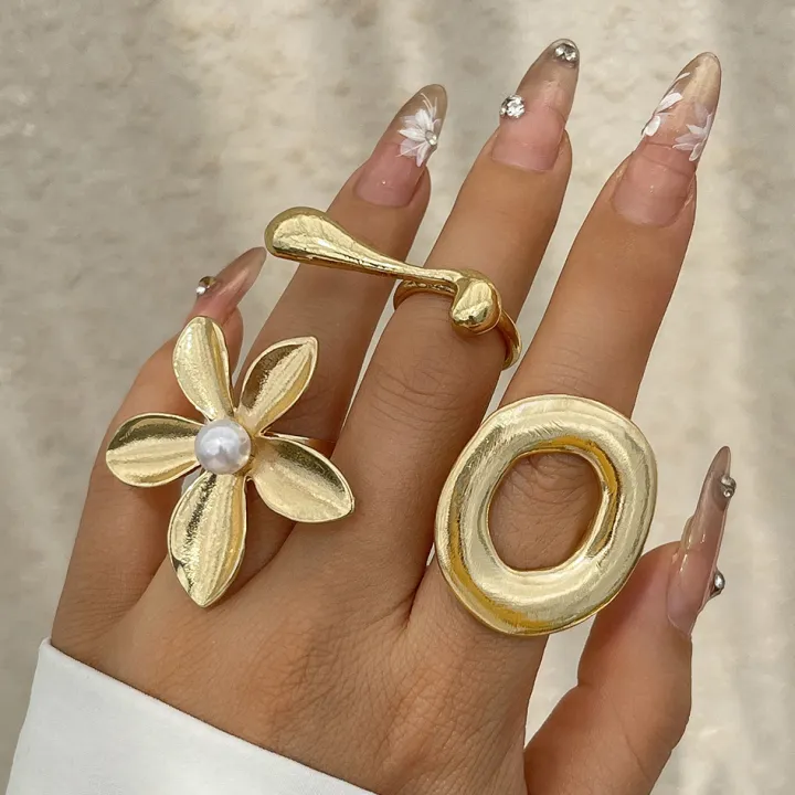 Vintage Gothic Geometric Metal Rings for Women 2024 Trend Boho Flower Irregular Circular Couple ...
