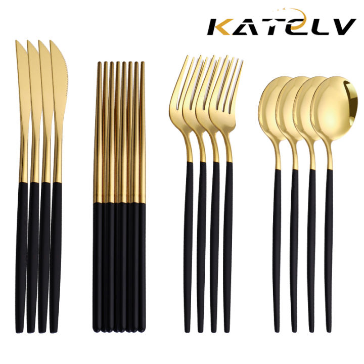 12-16 Pcs Korean Dinnerware Set Black Gold Cutlery Set Chopsticks Knife ...