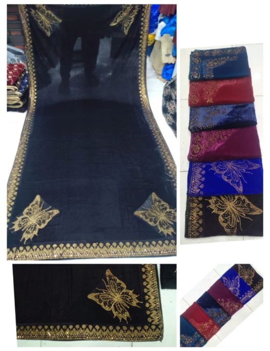 Velvet Embroidered Shawl with Golden Work Premium Butterfly & Border ...