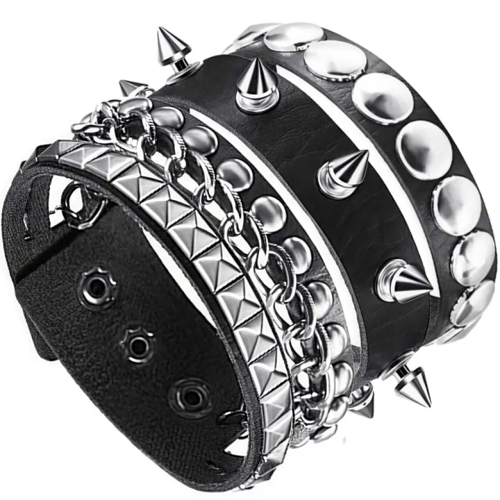 PU Leather Goth Bracelets For Women Punk Boho Emo Spike Rivets Charm ...