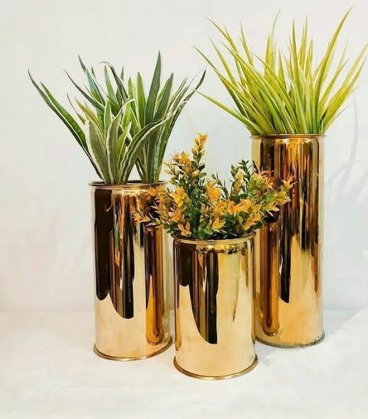 Golden Plant Vase-Cylinder Shaped- Table & Floor Plant Pot-(Without ...